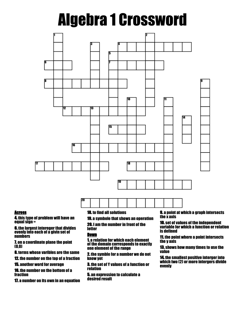 Algebra 1 Crossword WordMint