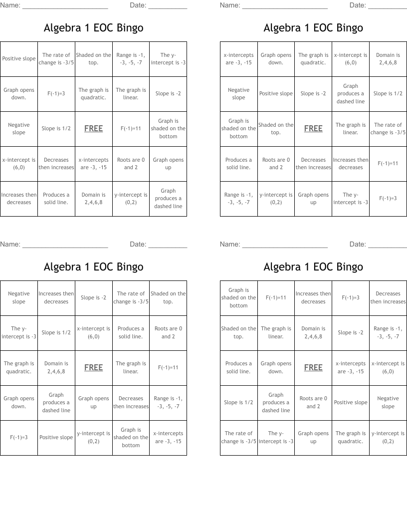Algebra 1 EOC Bingo - WordMint