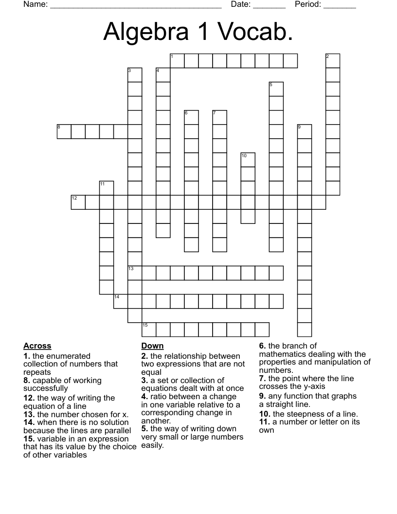 Algebra 1 Vocab. Crossword - WordMint