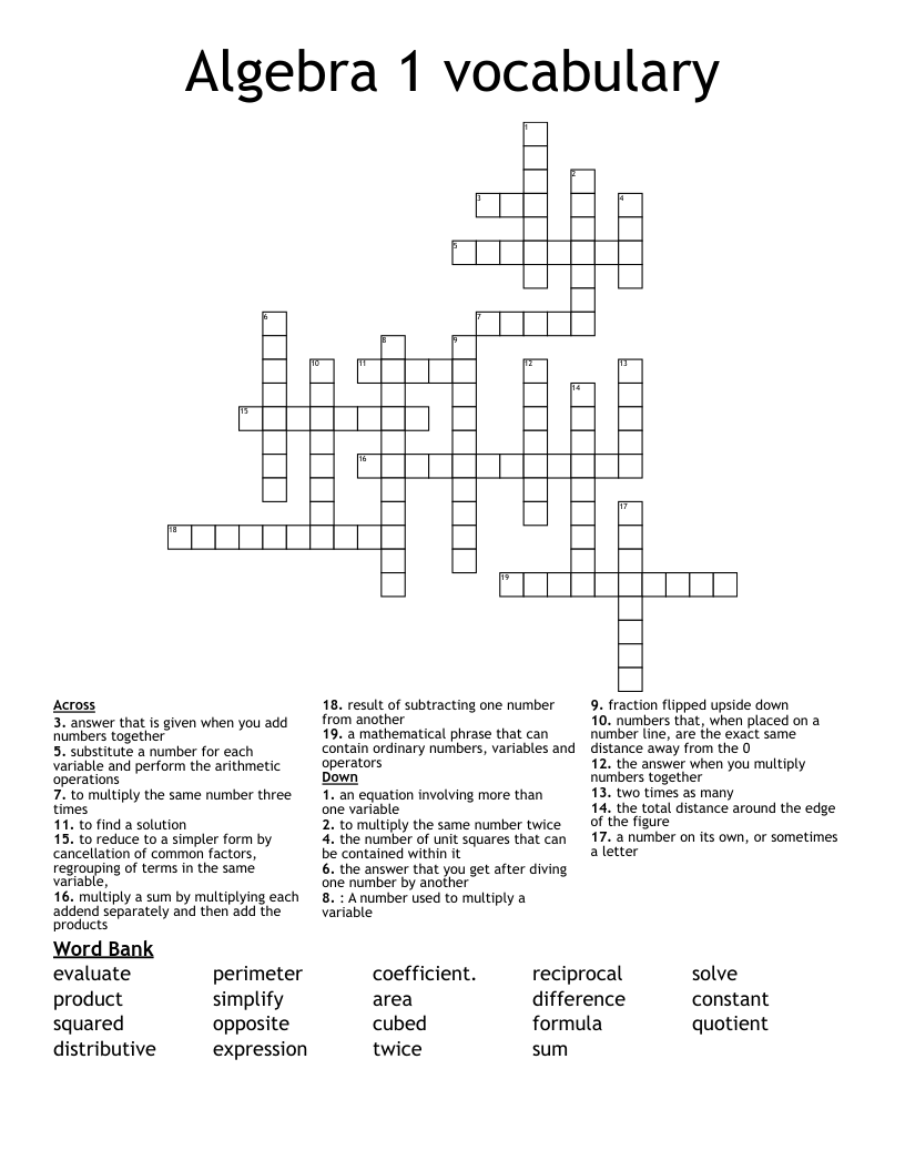 Algebra 1 vocabulary Crossword - WordMint