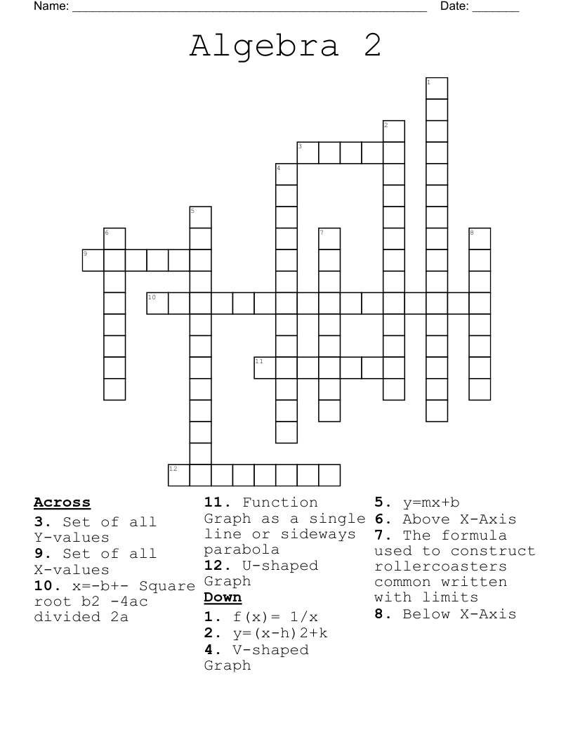 Algebra 2 Crossword - WordMint