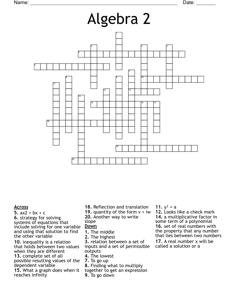 Algebra 2 Crossword - WordMint