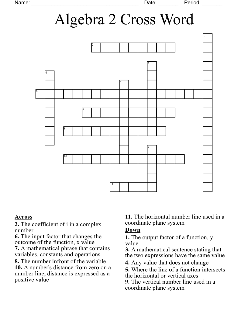 Algebra 2 Cross Word - WordMint