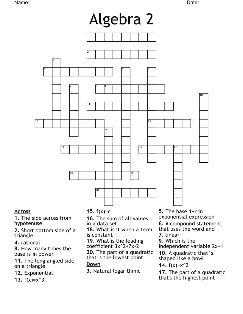 Algebra 2 Crossword Wordmint