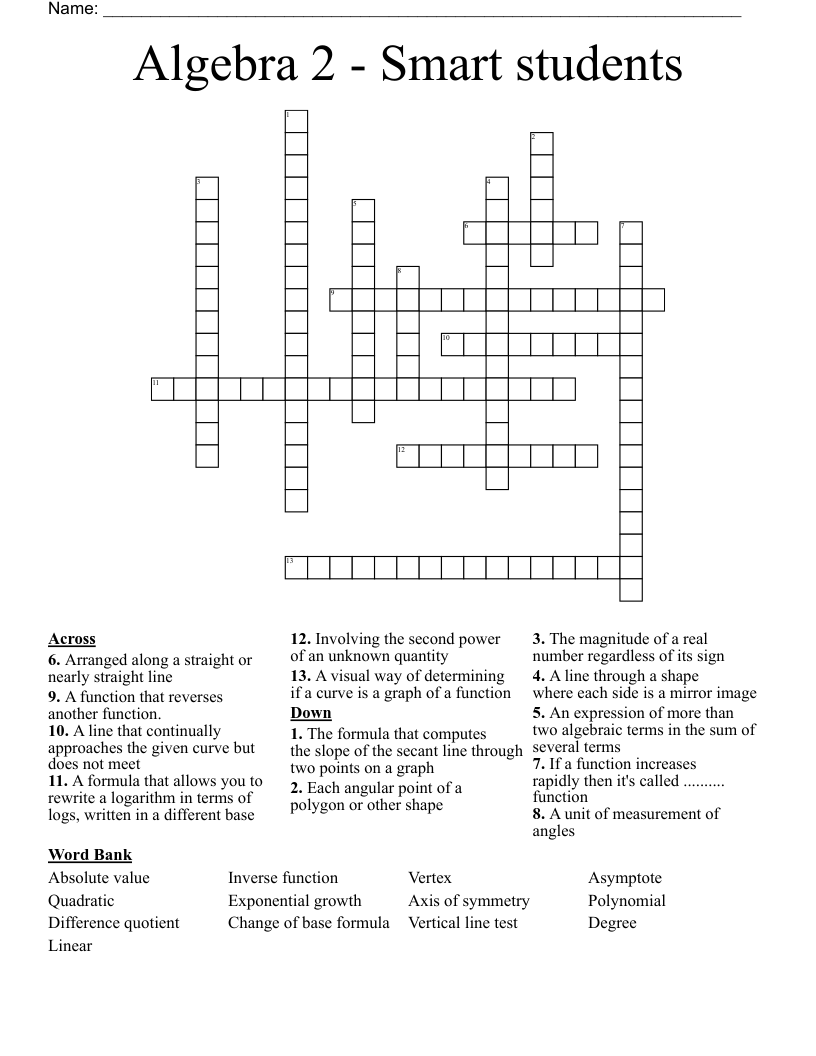 Algebra 2 - Smart students Crossword - WordMint