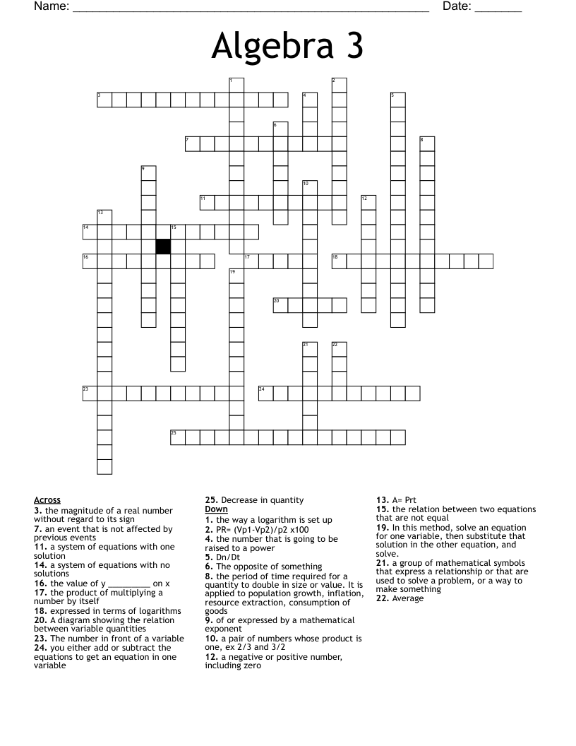 Algebra 3 Crossword - WordMint