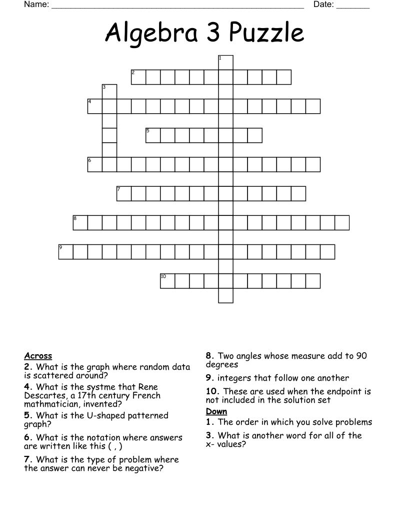 Algebra 3 Puzzle Crossword - WordMint