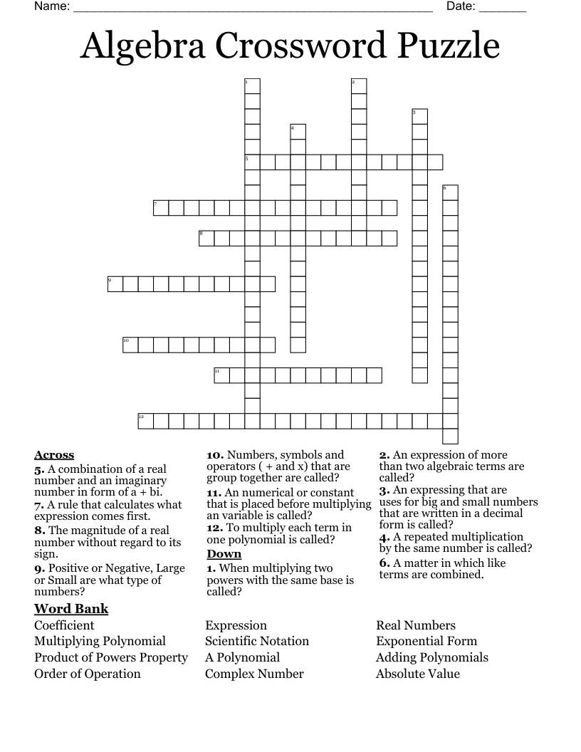 Algebra Crossword Puzzle - WordMint