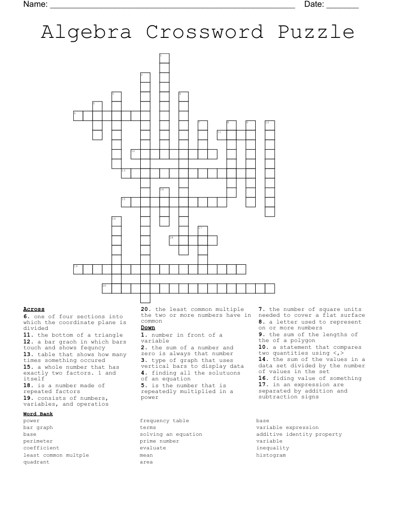 Algebra Crossword Puzzle - WordMint