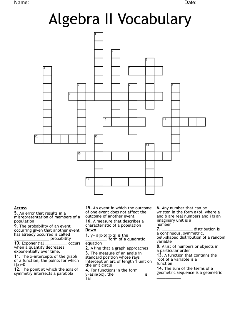 Algebra II Vocabulary Crossword - WordMint