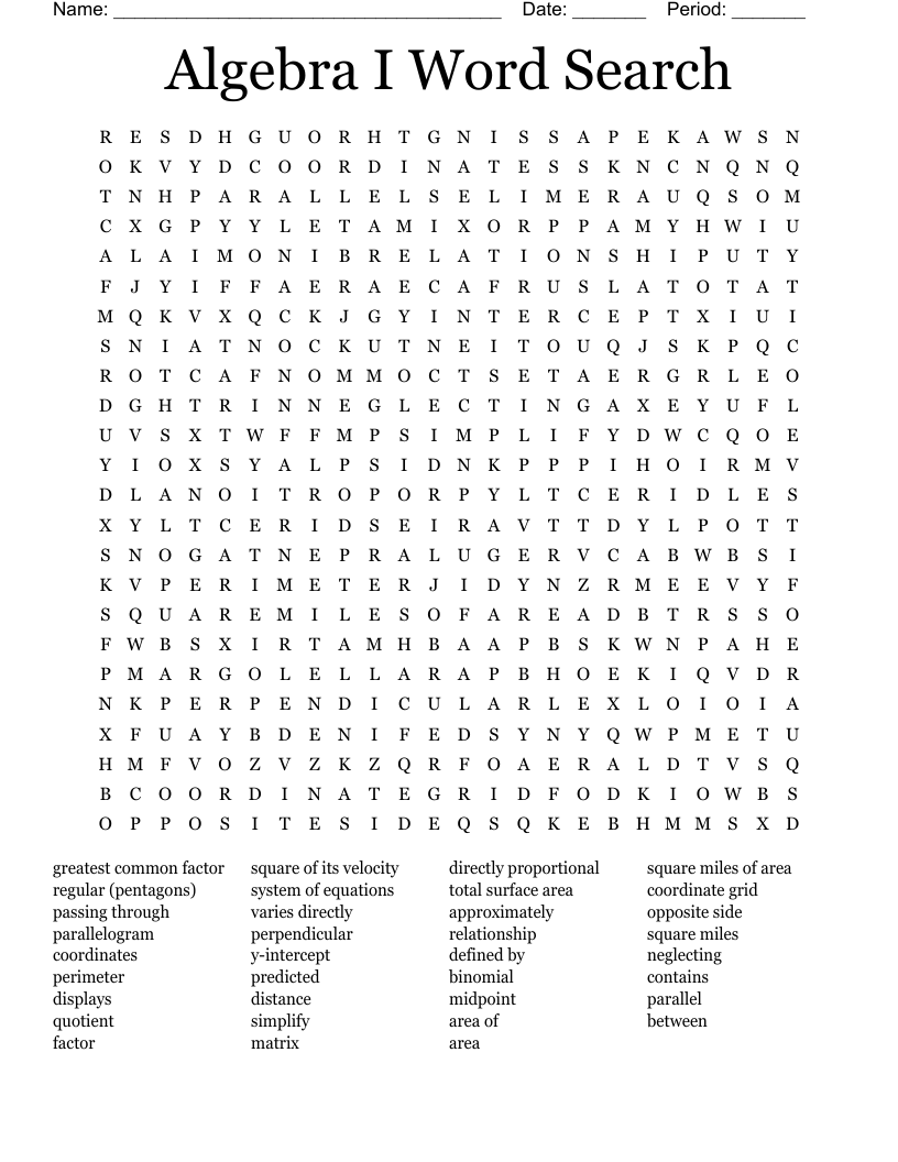 Algebra I Word Search - WordMint