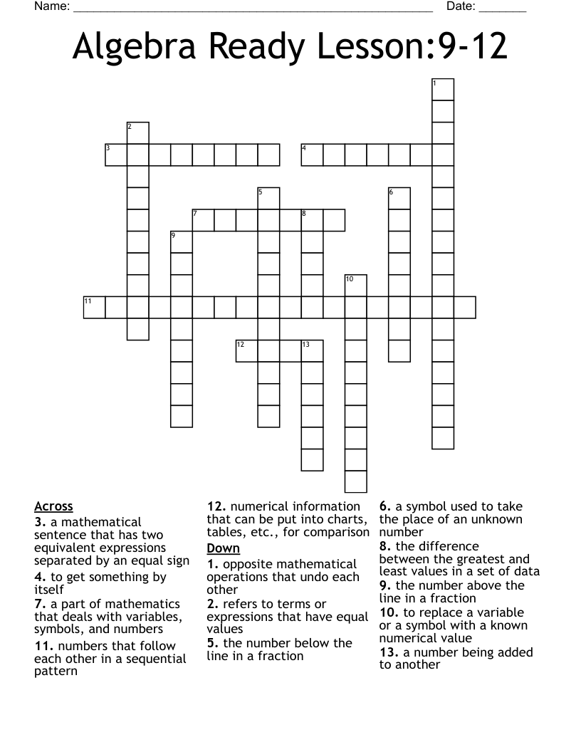 Algebra Ready Lesson:9-12 Crossword - WordMint