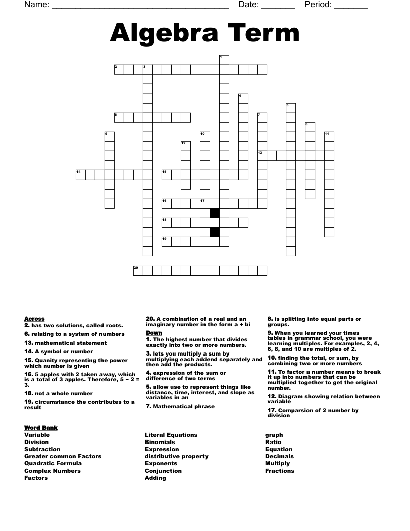 Algebra Term Crossword - WordMint