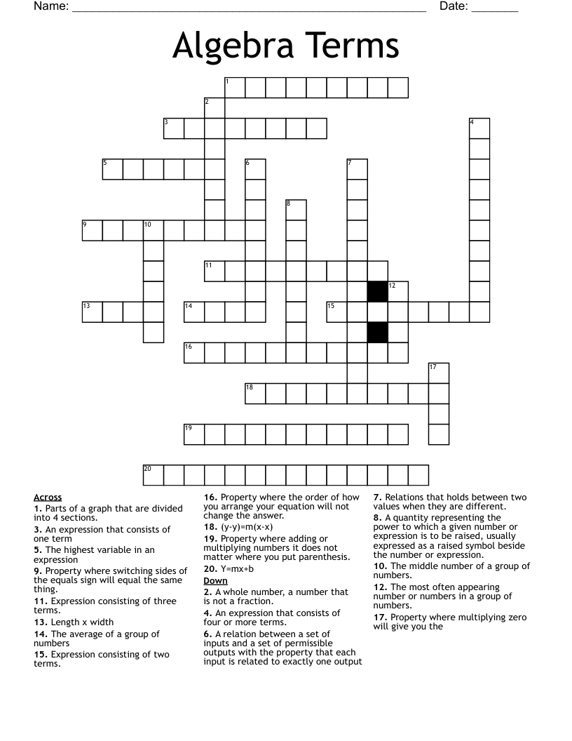 Algebra Terms Crossword - WordMint