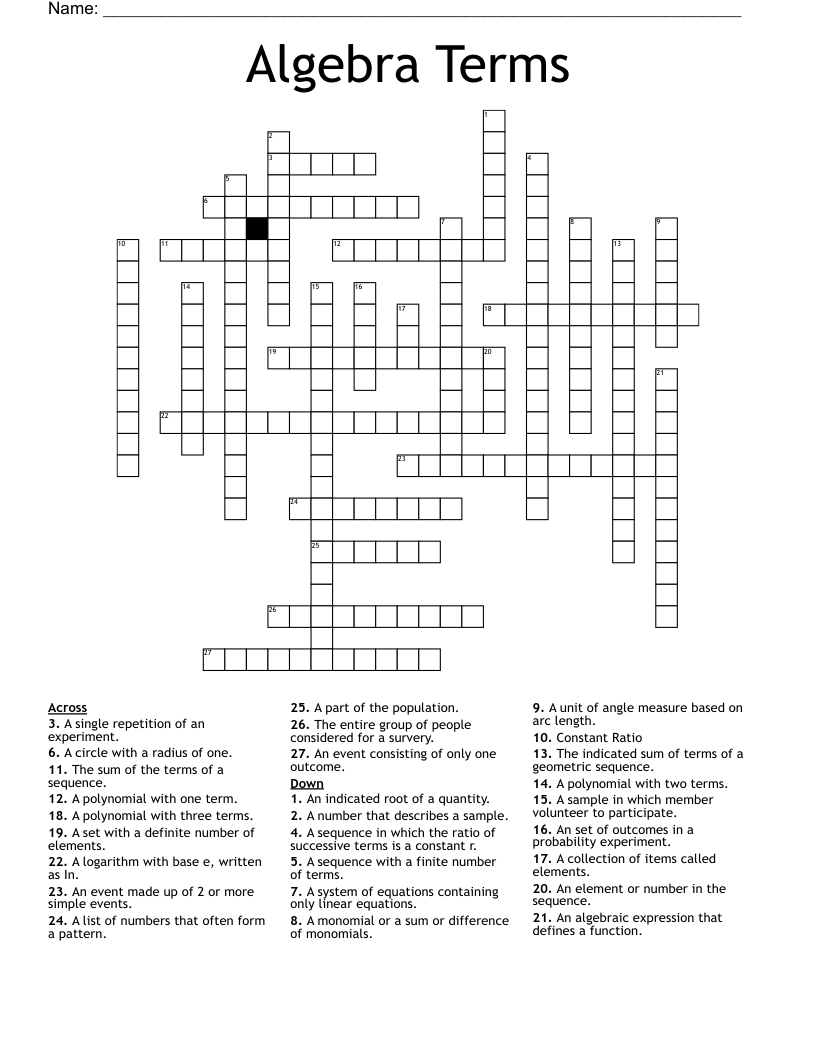 Algebra Terms Crossword WordMint