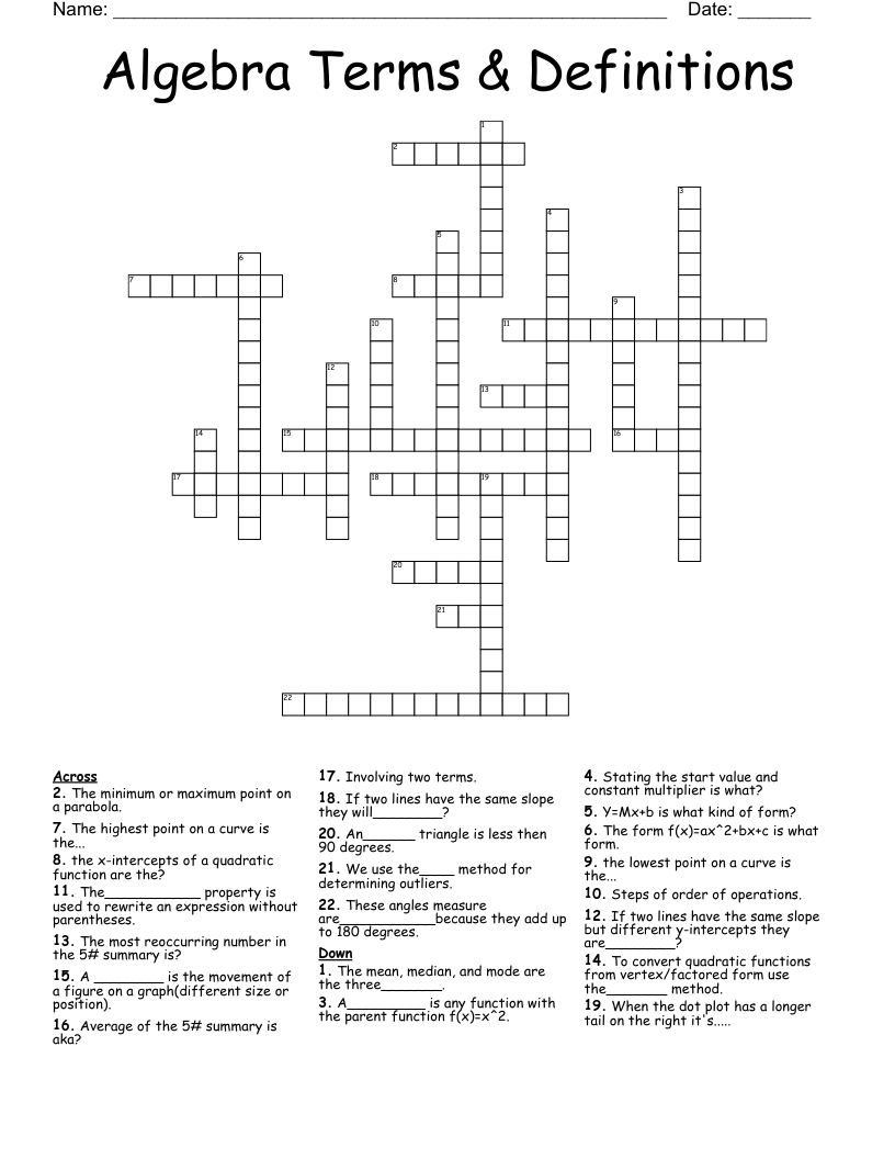 Algebra Terms & Definitions Crossword - WordMint