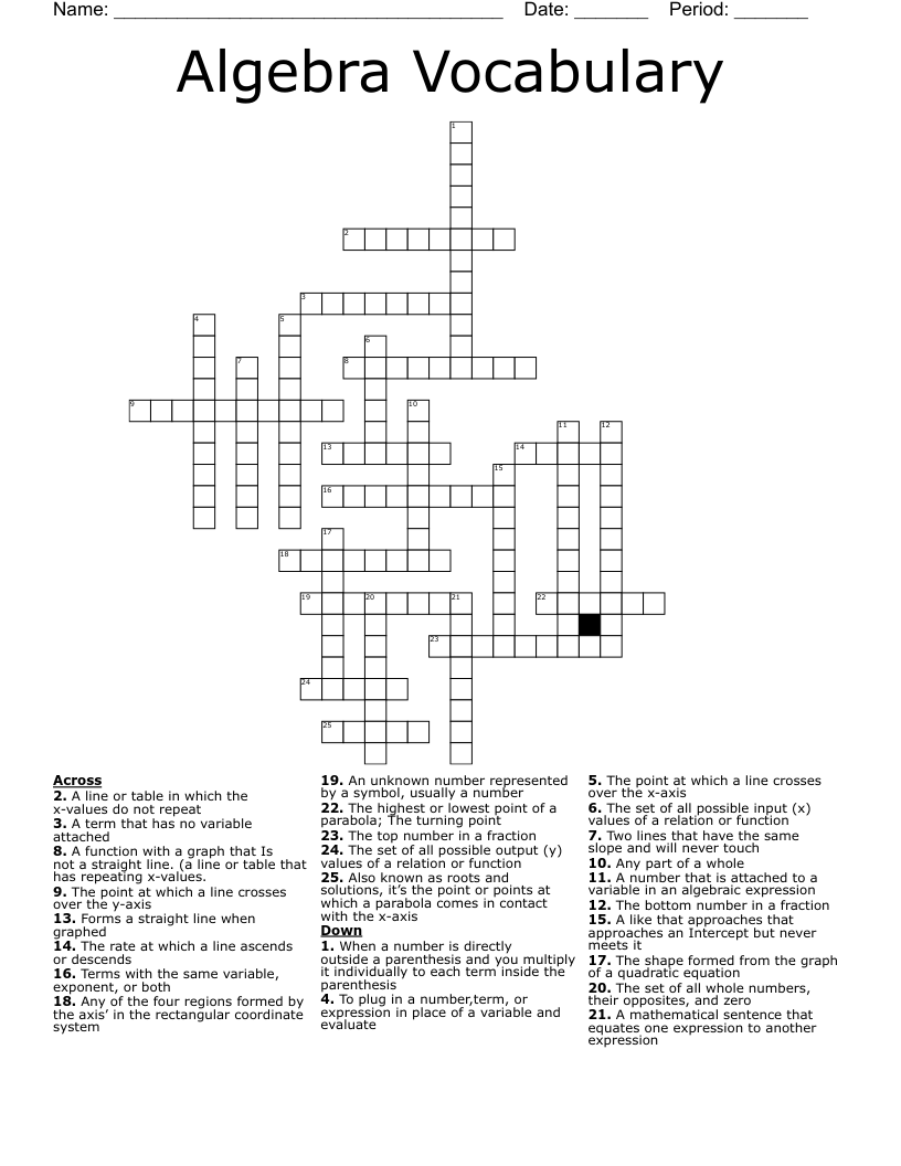 Algebra Vocabulary Crossword WordMint