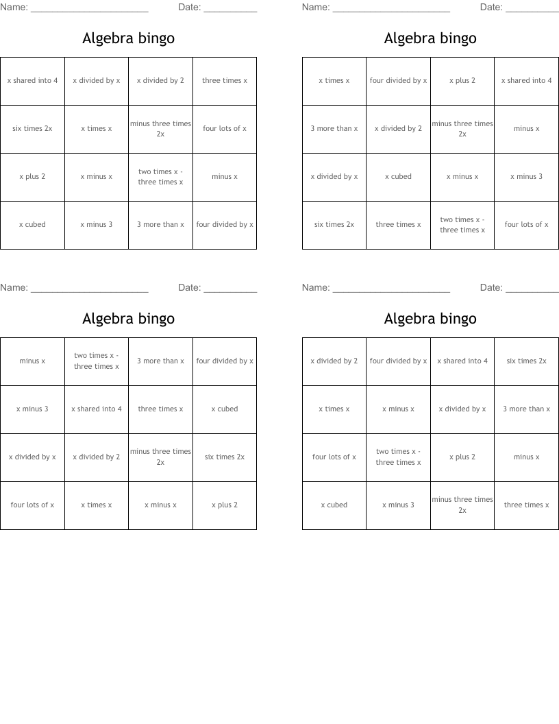 Algebra bingo - WordMint