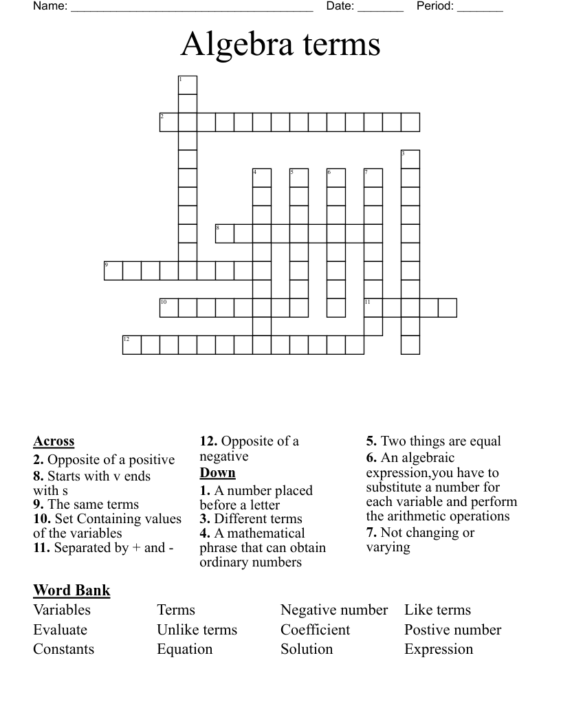 Algebra terms Crossword - WordMint