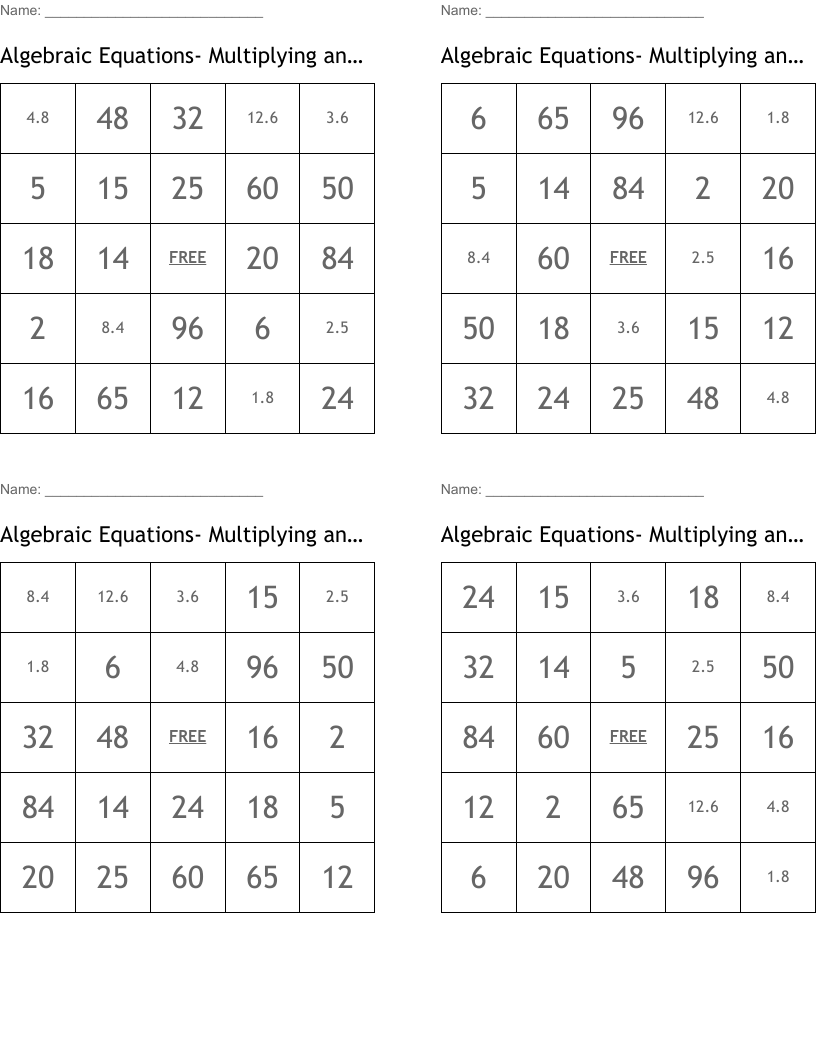 Algebraic Equations- Multiplying and Dividing Bingo Cards - WordMint