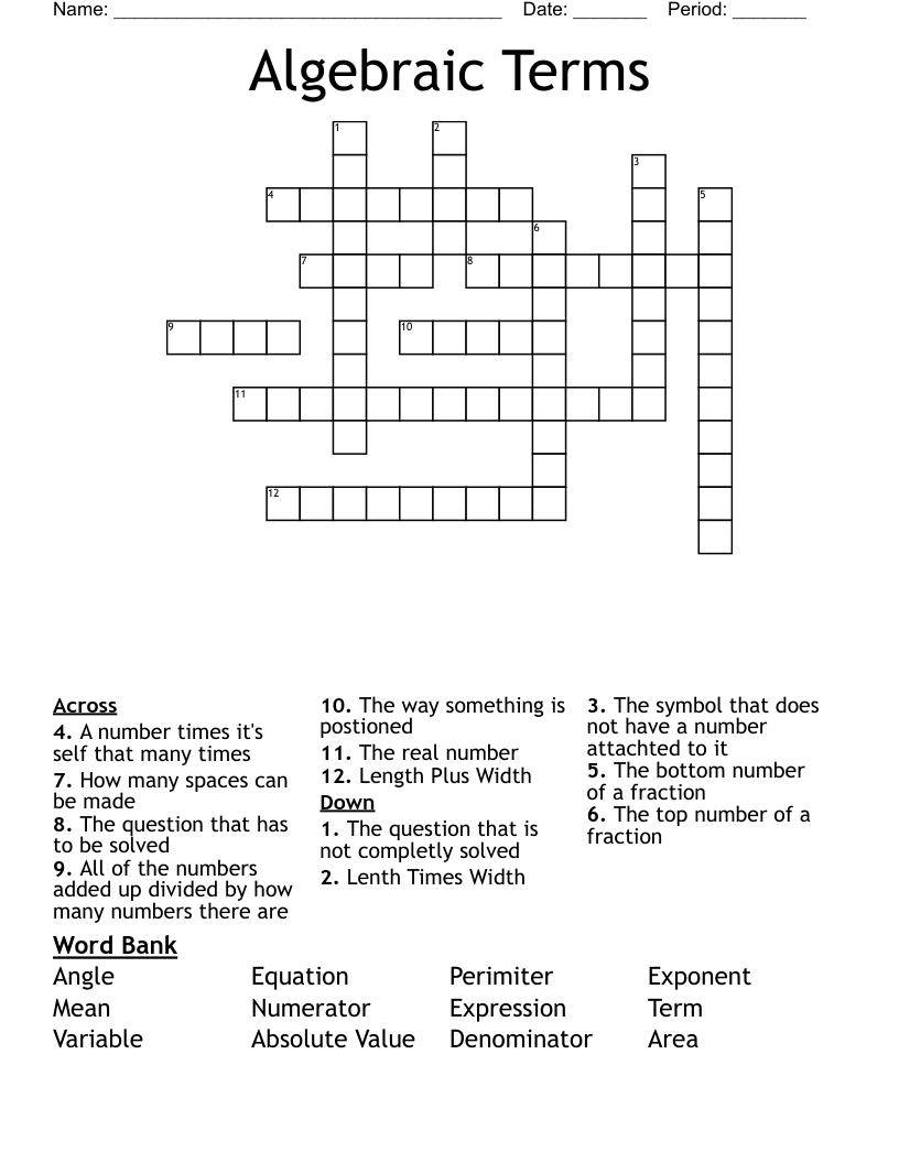 Algebraic Terms Crossword - WordMint