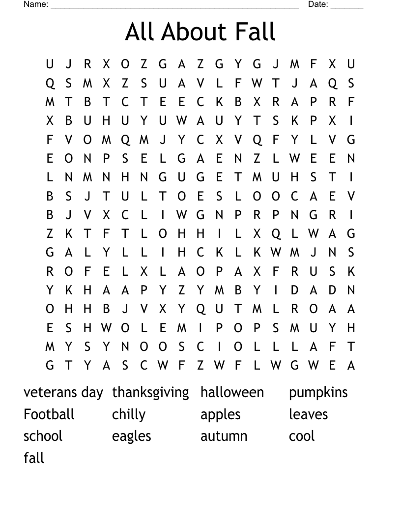 All About Fall Word Search - WordMint