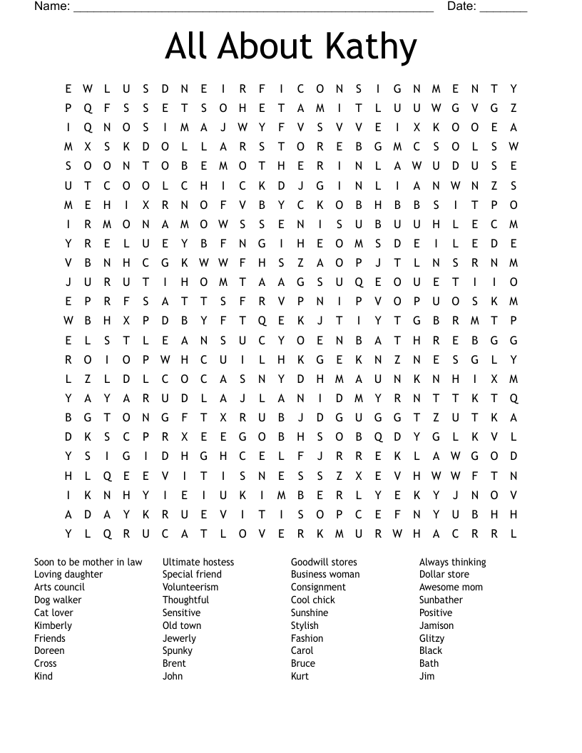 All About Kathy Word Search - WordMint