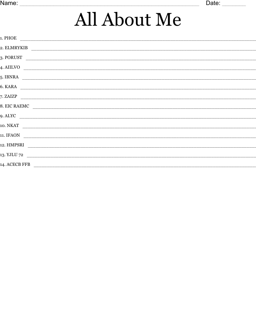 All About Me Word Scramble - WordMint