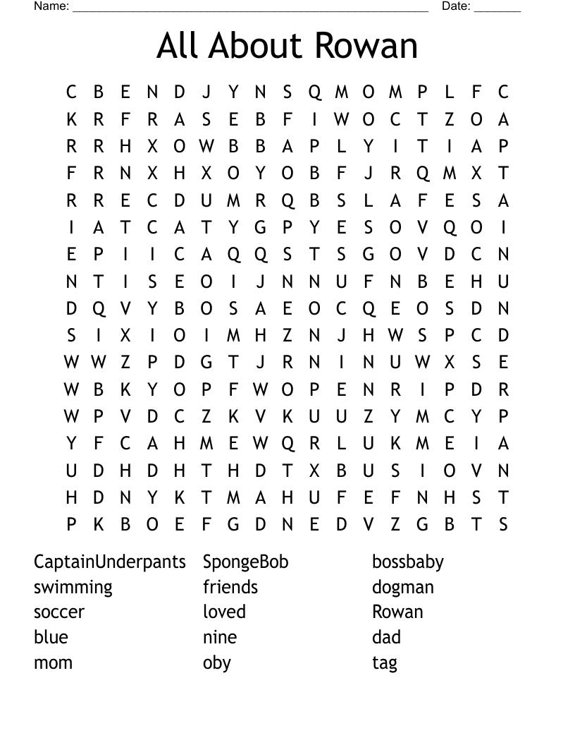 All About Rowan Word Search - WordMint