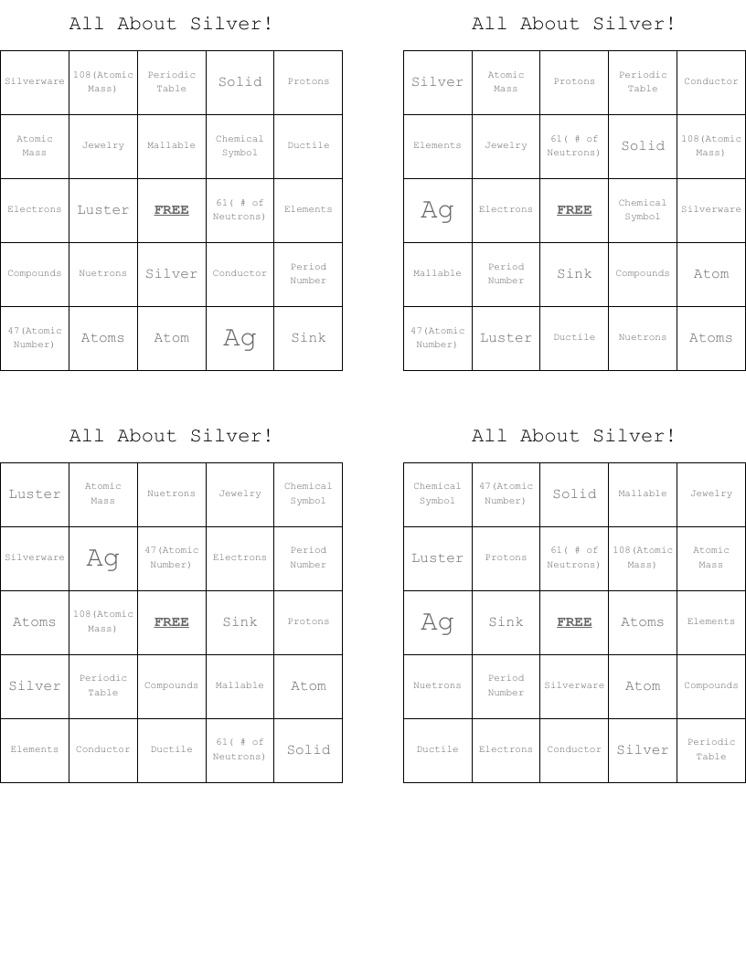 All About Silver! Bingo Cards - WordMint