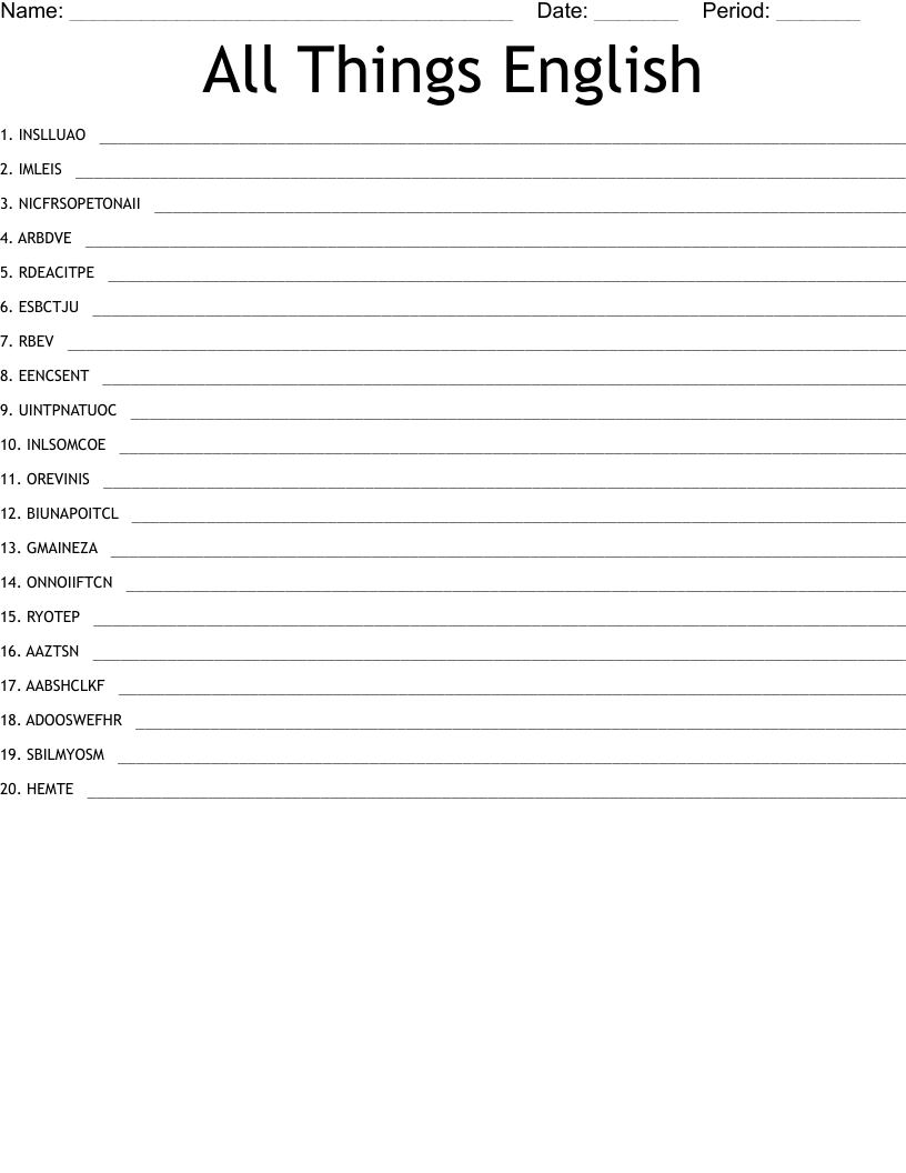 All Things English Word Scramble - WordMint