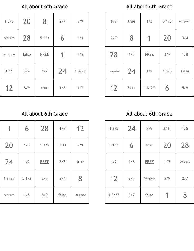 All about 6th Grade Bingo Cards - WordMint