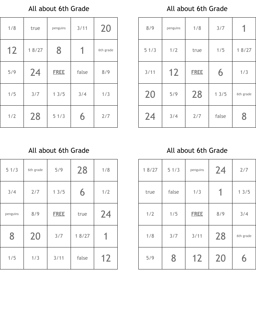 All about 6th Grade Bingo Cards - WordMint