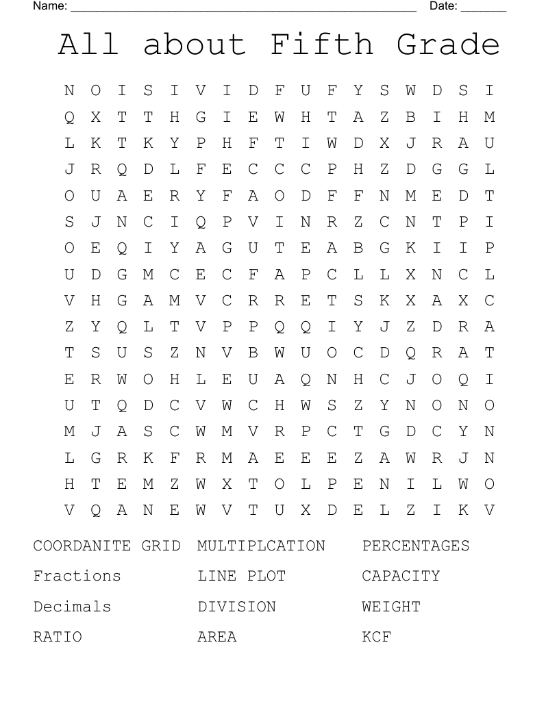 All about Fifth Grade Word Search - WordMint