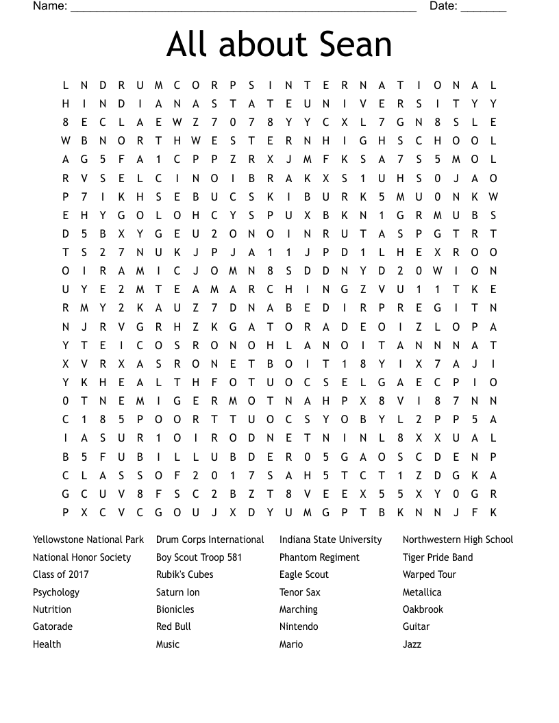 All about Sean Word Search - WordMint
