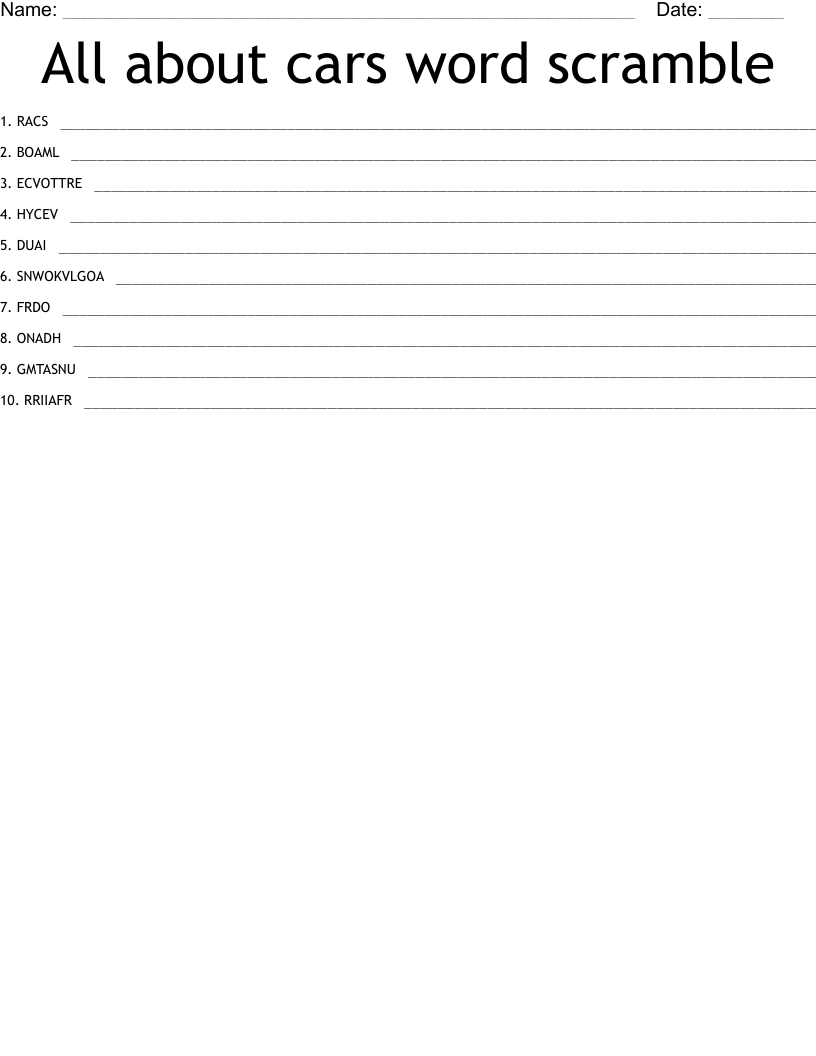 All about cars word scramble - WordMint