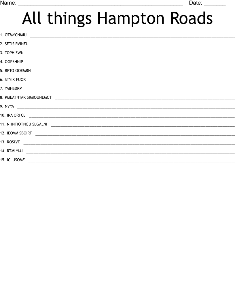 All things Hampton Roads Word Scramble - WordMint