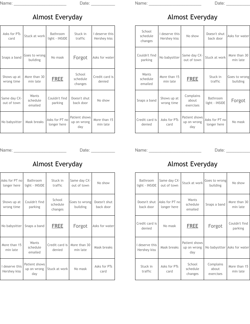Almost Everyday Bingo Cards - WordMint