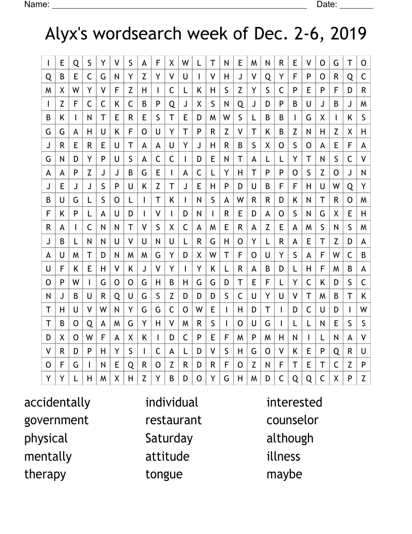 Alyx's wordsearch week of Dec. 2-6, 2019 - WordMint