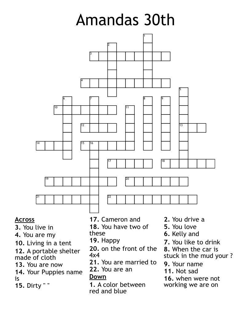 Amandas 30th Crossword - WordMint
