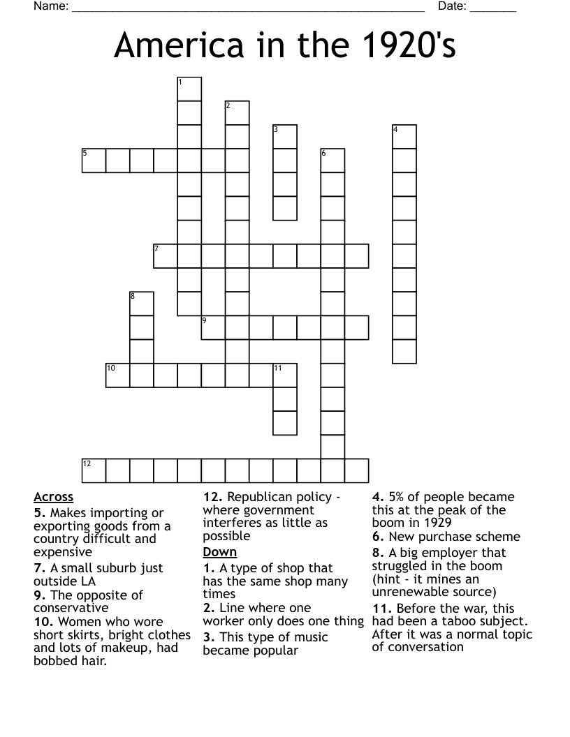 America in the 1920's Crossword - WordMint