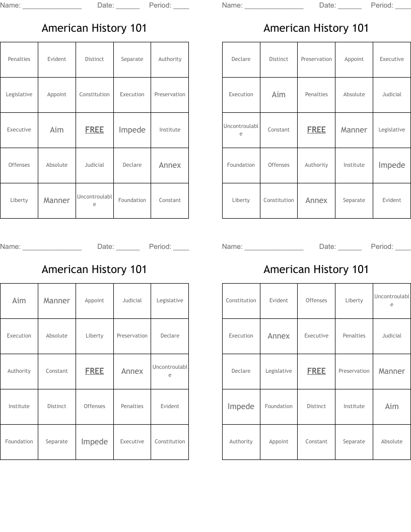 American History 101 Bingo Cards - WordMint