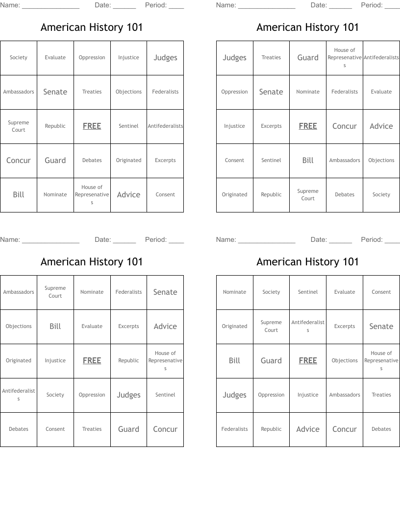 American History 101 Bingo Cards - WordMint