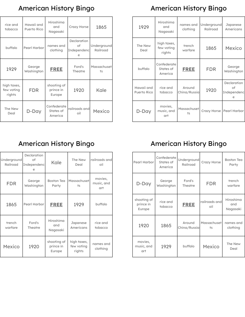 American History Bingo - WordMint