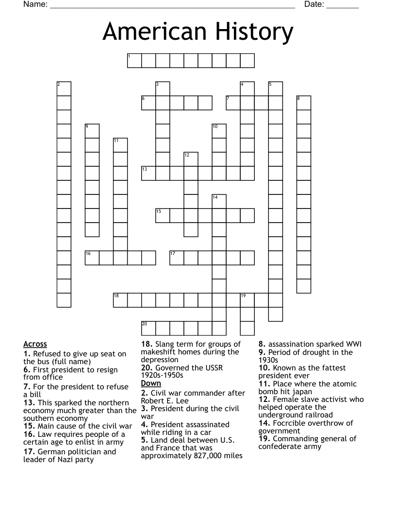 American History Crossword - WordMint
