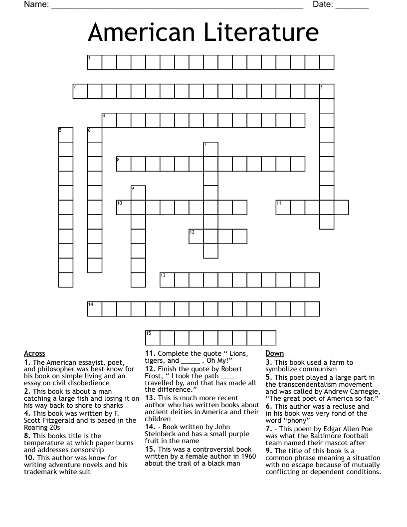 American Literature Crossword - WordMint