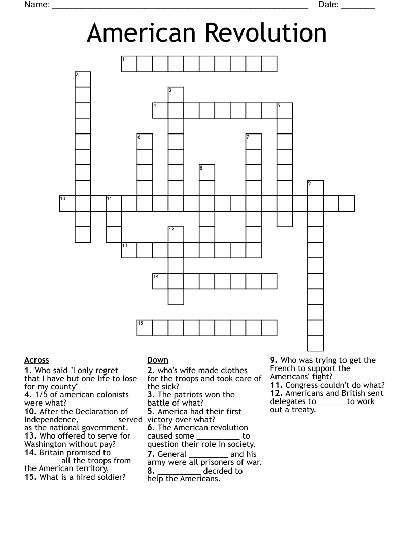 American Revolution Crossword - WordMint