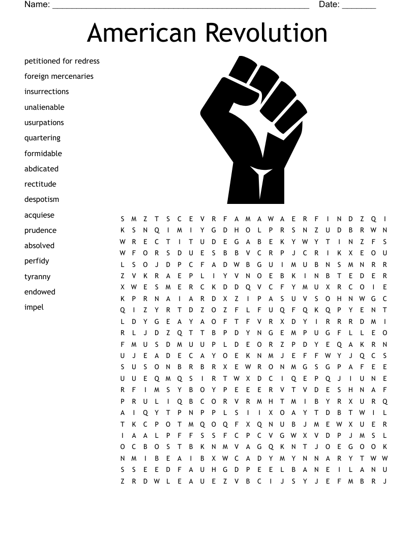 American Revolution Word Search WordMint