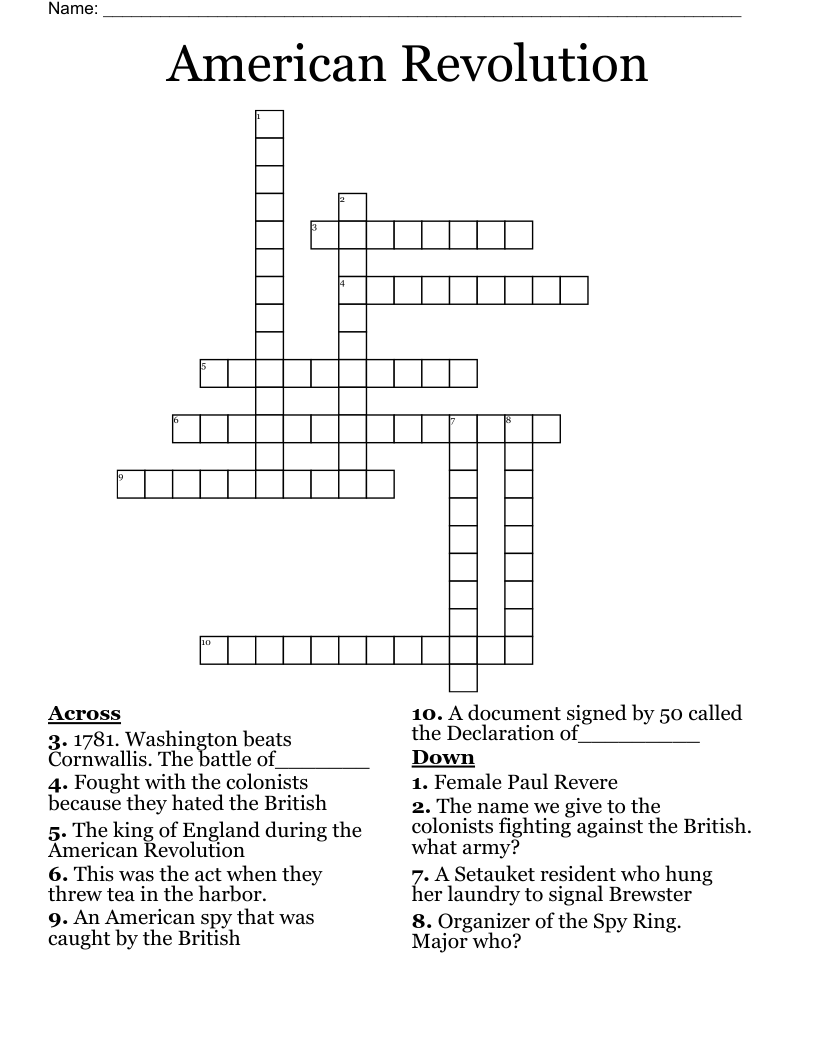 American Revolution Crossword WordMint