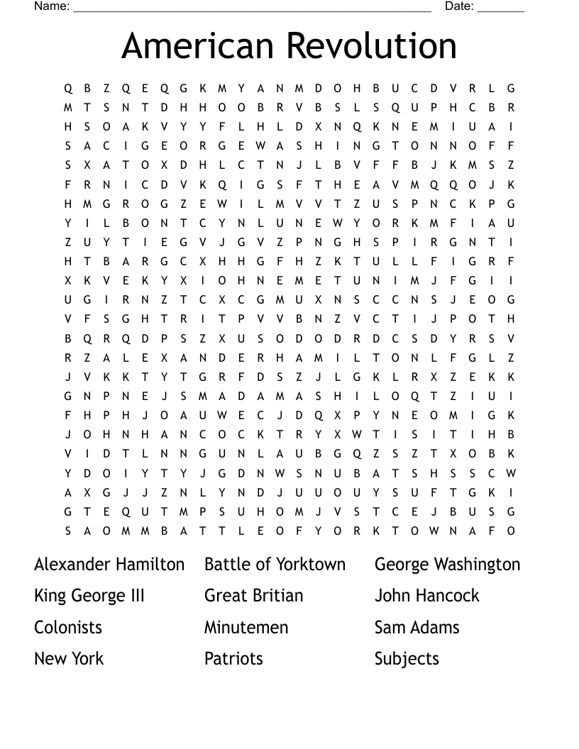 American Revolution Word Search - WordMint